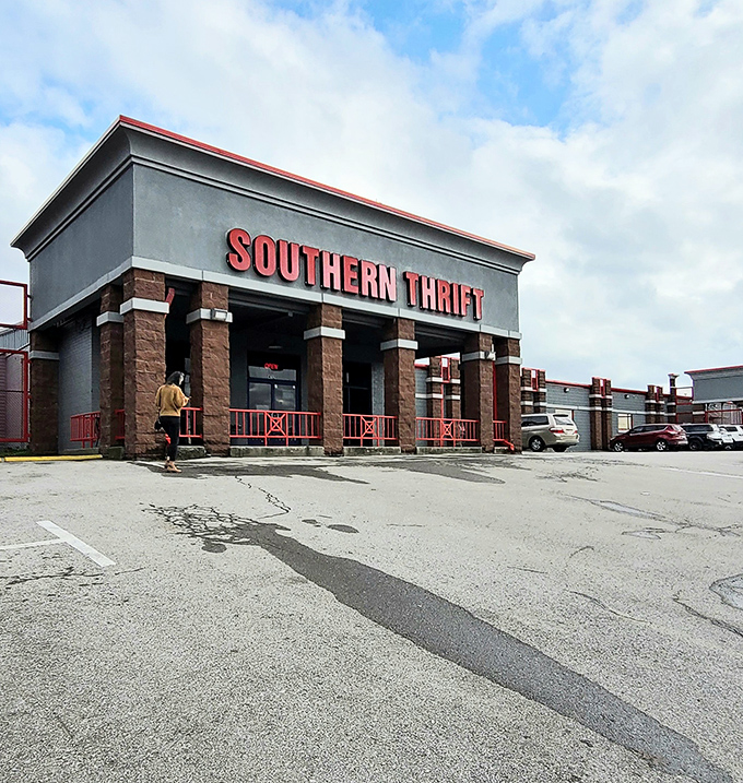 Southern Thrift's bold red signage stands out like a fashionable lighthouse guiding budget shoppers to shore.