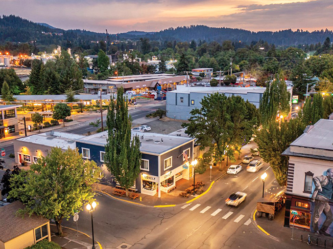 Springfield's downtown glows at dusk, when street lights illuminate possibilities for evening adventures.