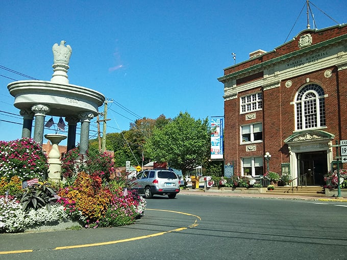 Stafford's flower-festooned memorial circle &ndash; where small-town charm and "Gilmore Girls" vibes come with housing costs that won't break the bank.