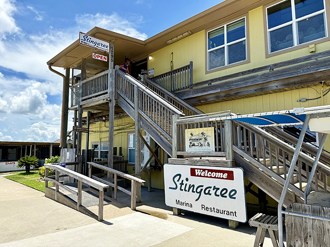 Stingaree's yellow building and wooden stairway to heaven lead to seafood with a side of spectacular water views.