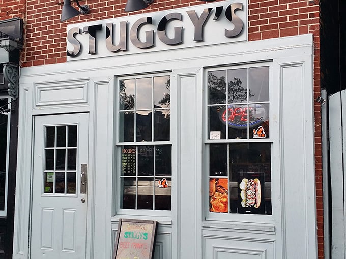 Stuggy's blue facade stands out among Fells Point's historic brick buildings, much like their creative dogs stand out on your palate.