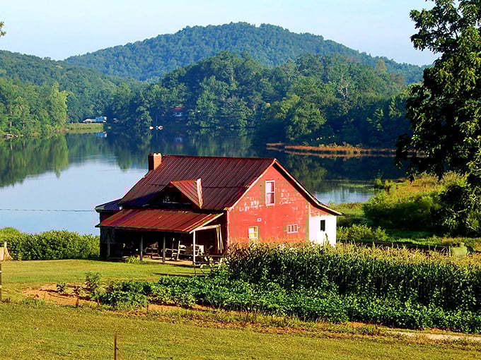 A rustic red farmhouse nestled by a serene mountain lake &ndash; where morning coffee comes with million-dollar views.