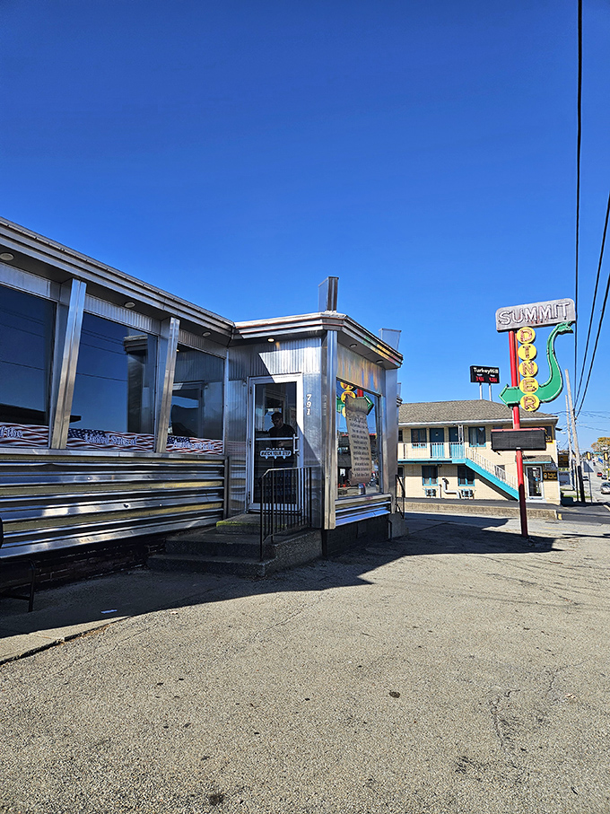 Chrome gleaming in daylight, this silver beauty stands ready to fuel your next great Pennsylvania adventure.