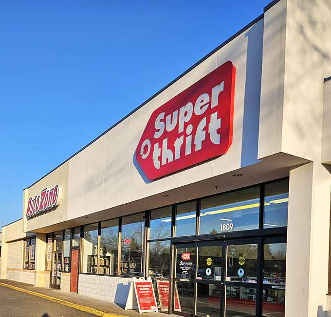 SuperThrift's clean exterior promises organized bargain hunting where every aisle holds potential treasure discoveries waiting.