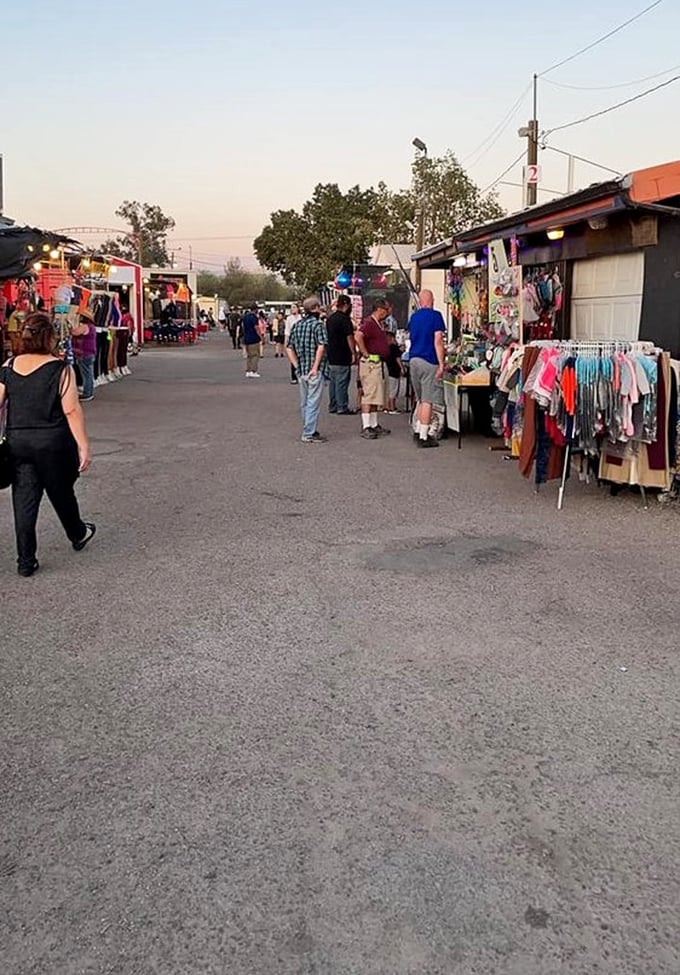 Evening light bathes this desert marketplace where vendors display their wares under Arizona's famous painted skies.