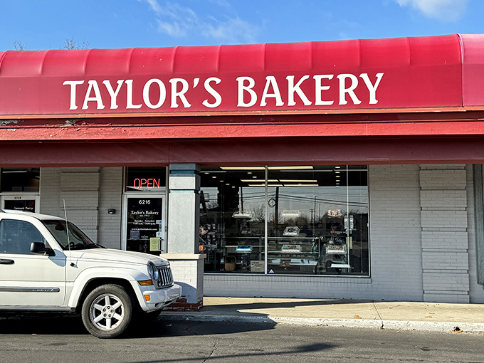 That red awning is like a carpet rolled out for donut royalty. Taylor's Bakery knows how to make an entrance.