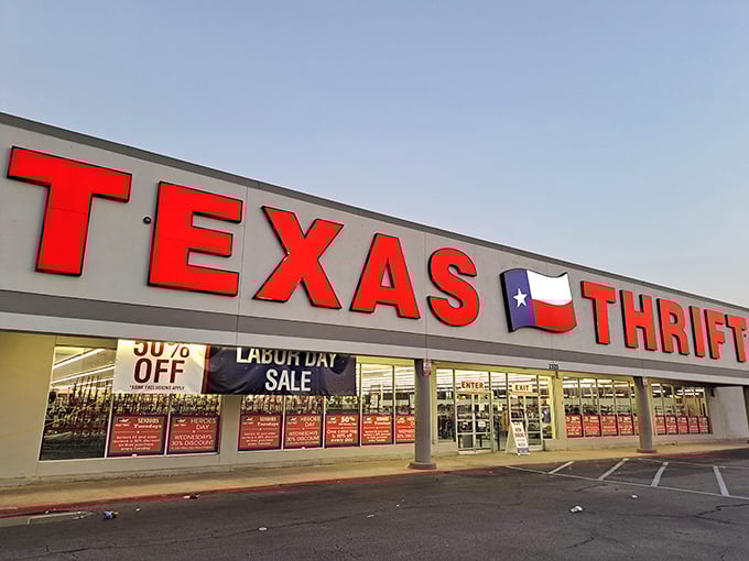 Texas Thrift's bold red letters announce serious bargain hunting territory in northwest Houston's shopping scene.