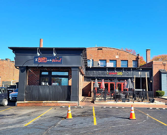 Brick meets modern style in perfect harmony, just like their chicken balances crispy coating with tender, juicy perfection.