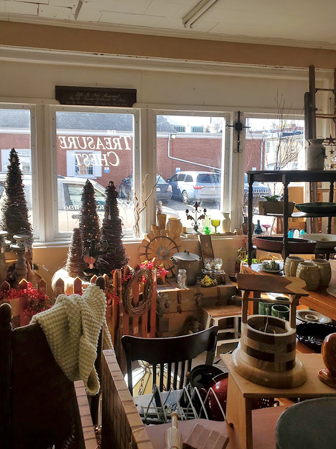 The Treasure Chest lives up to its name with this cozy window display that hints at the vintage wonderland waiting inside.