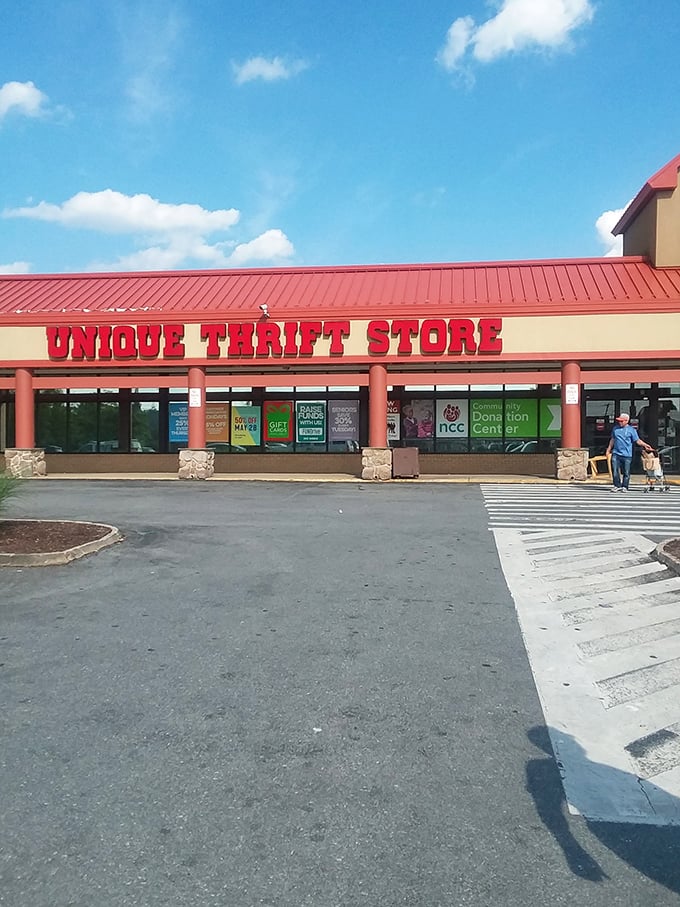 The bold red lettering announces serious thrifting territory where unique finds live up to the name.