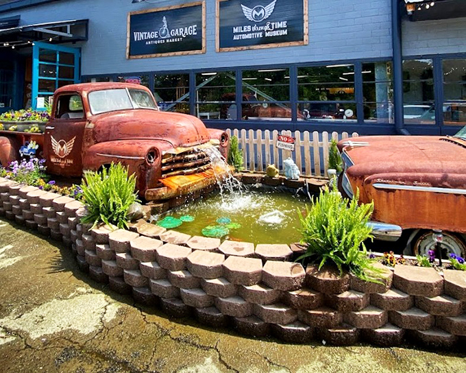 Vintage Garage's rusty truck fountain creates whimsical charm that would make even the Antiques Roadshow experts smile.