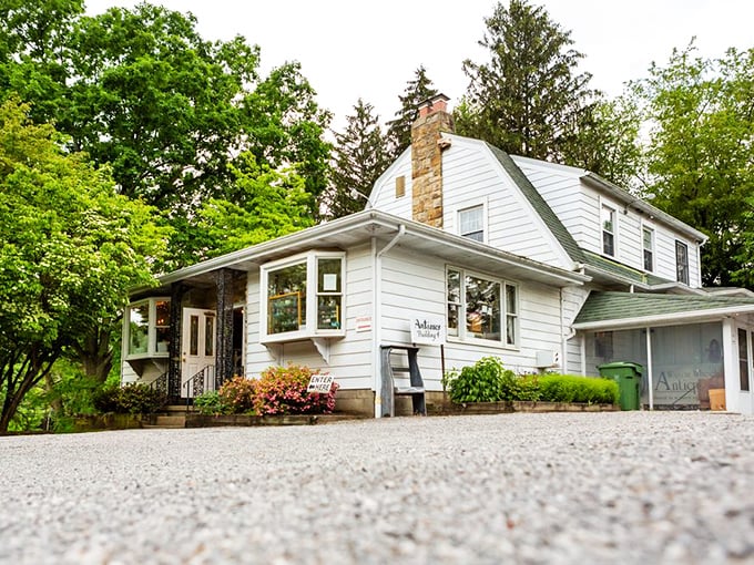 Wagon Wheel Antiques' pristine white building with vintage outdoor displays creates antique shopping perfection.