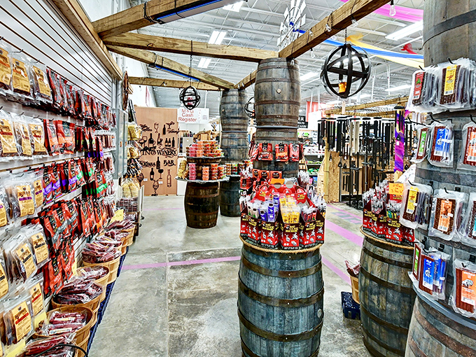 Delicious aromas fill the air as rows of jerky and snacks line rustic barrels at Walnut Creek Amish Flea Market.