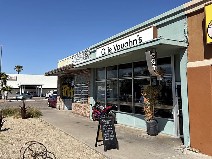 Turquoise exterior hints at the creative breakfast magic brewing behind those welcoming windows.