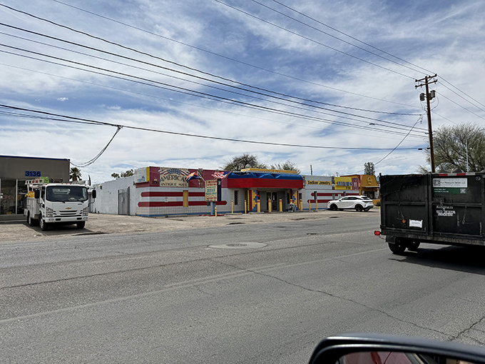 Vintage Americana central! This colorful roadside view of American Antique Mall is like a postcard from Route 66's glory days.