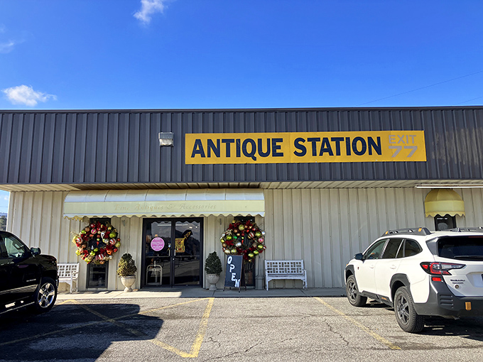 Festive wreaths frame the entrance, promising seasonal treasures inside this unassuming roadside gem.
