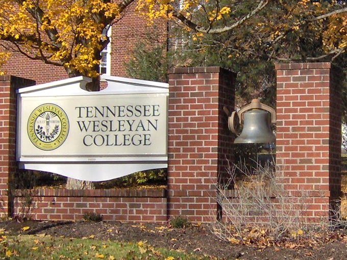 The Tennessee Wesleyan College sign welcomes visitors to a campus that adds cultural richness to Athens' small-town charm.