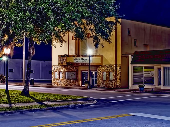 Evening light transforms this small-town theater into a beacon of community culture and shared entertainment.