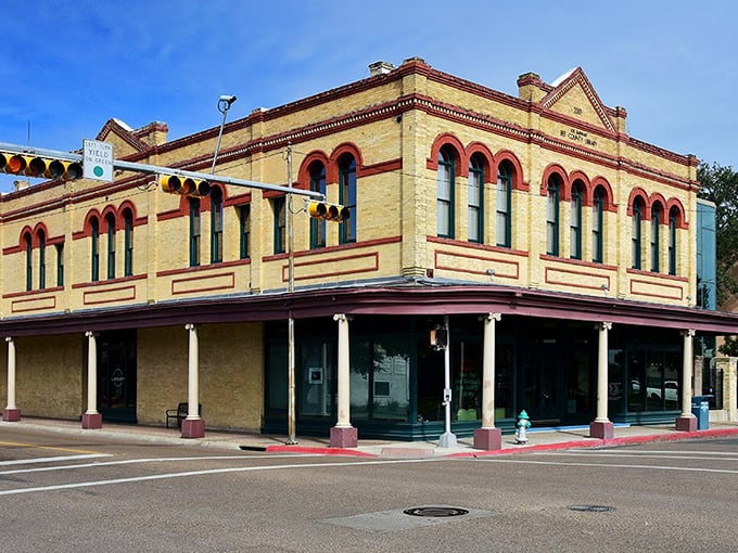The golden-hued stonework of Beeville's historic buildings glows in the Texas sunshine, creating a downtown straight out of a Western film.