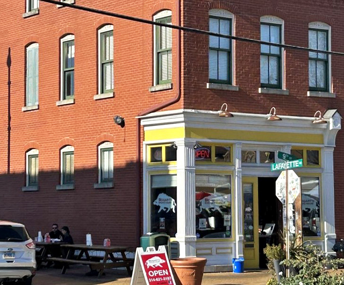 The vintage storefront charm whispers of old-fashioned hospitality and barbecue made with genuine care and pride.