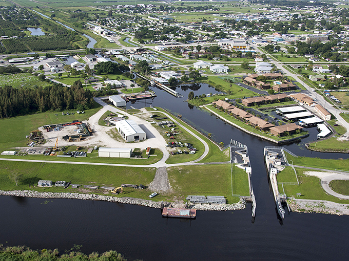 Aerial view of Clewiston reveals a well-planned lakeside community where waterfront living remains surprisingly affordable.