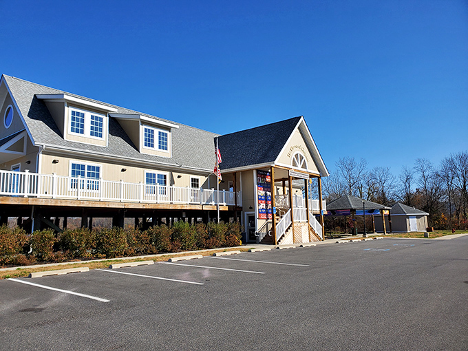 Denton&rsquo;s elevated visitor center greets guests with wraparound porches, welcoming flags, and a touch of small-town charm.