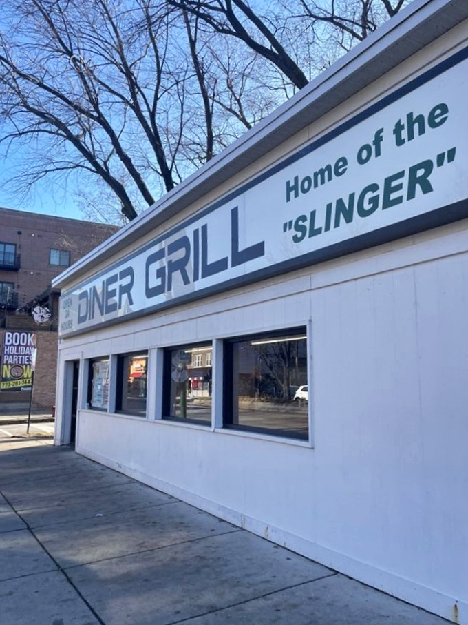 The "Home of the Slinger" sign hints at hearty portions inside.