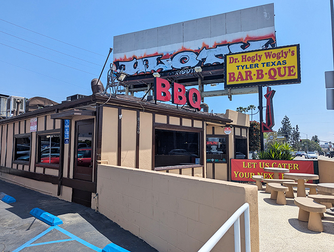 That playful signage promises Texas-sized portions and East Coast attitude in one deliciously unexpected California package.
