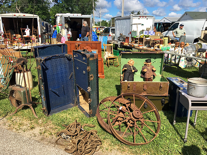 Antique wheels and weathered trunks tell silent stories of journeys taken long ago.