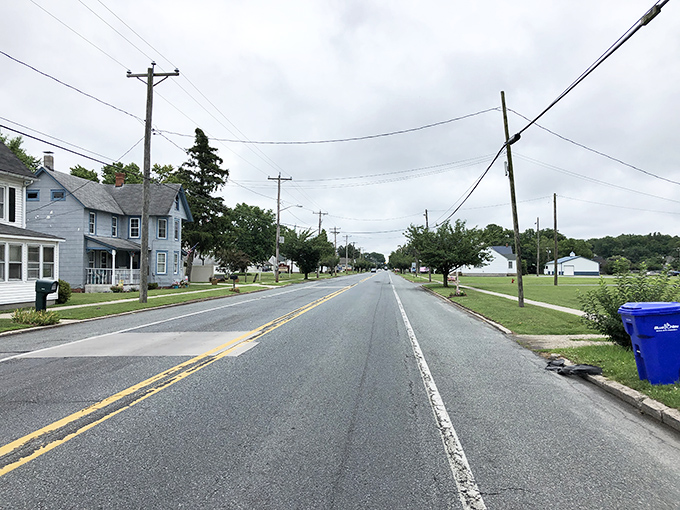 This quiet residential street captures the essence of peaceful small-town living at its absolute finest.