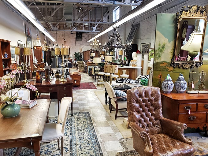 High ceilings and organized displays create the perfect environment for serious antique hunting without the usual cramped quarters.
