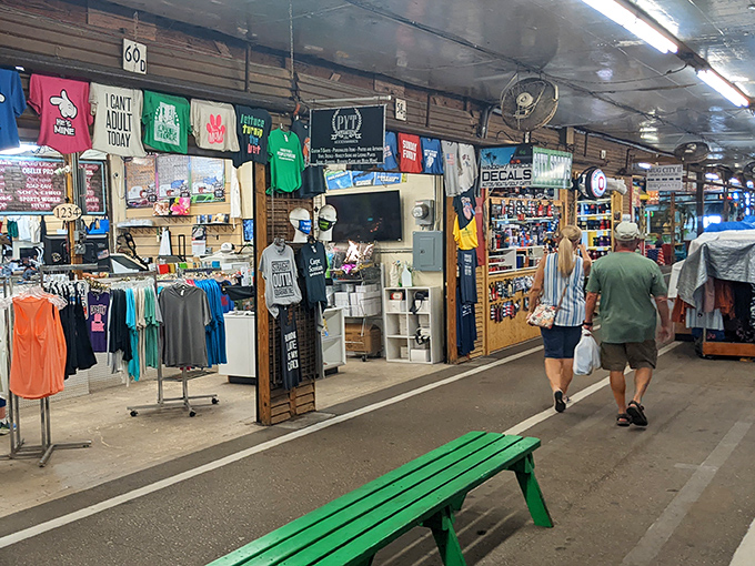 T-shirts and treasures line the walkways in this shopper's paradise of endless variety and possibilities.
