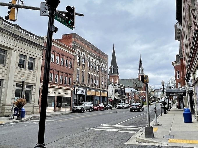 Frostburg&rsquo;s Main Street, lined with historic buildings and church spires, offering small-town charm at an affordable pace of life.