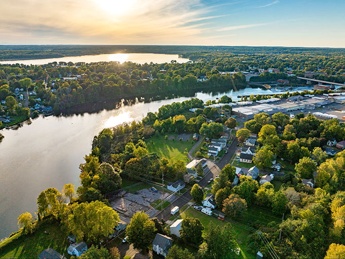 Aerial view of Fulton reveals waterways embracing an affordable community. Nature and budget-friendliness in perfect harmony!