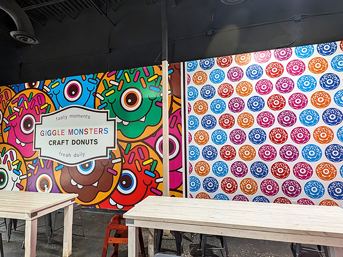 The colorful monster murals at Giggle Monsters make eating donuts even more fun. It's like having breakfast inside a children's book!
