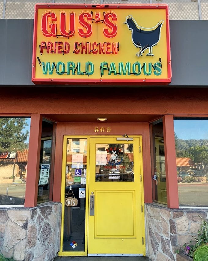 That bright yellow door welcomes you into a world of authentic Southern flavors transported to sunny California.