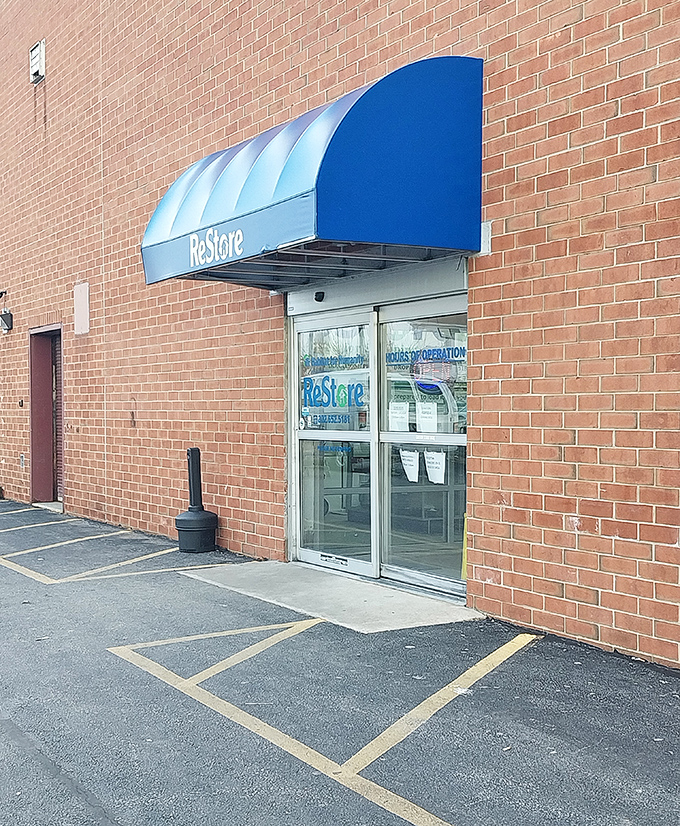 That blue awning marks the entrance to a unique shopping experience where construction meets home decoration.