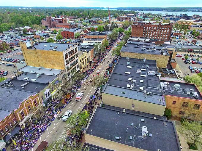 An aerial view of Holland during a community event shows how the city brings neighbors together for festivals and celebrations.