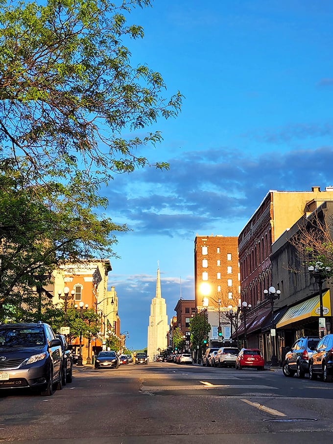 The evening light bathes La Crosse's main street in golden hues, turning an ordinary evening stroll into something magical.