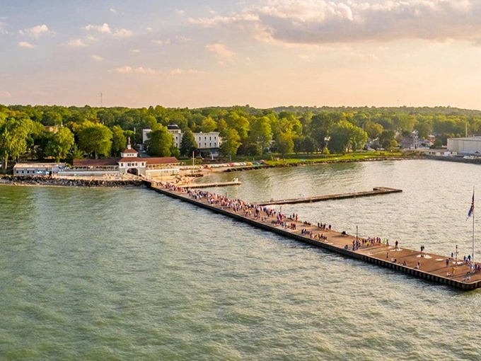 The long pier stretches into Lake Erie like a wooden highway to relaxation.