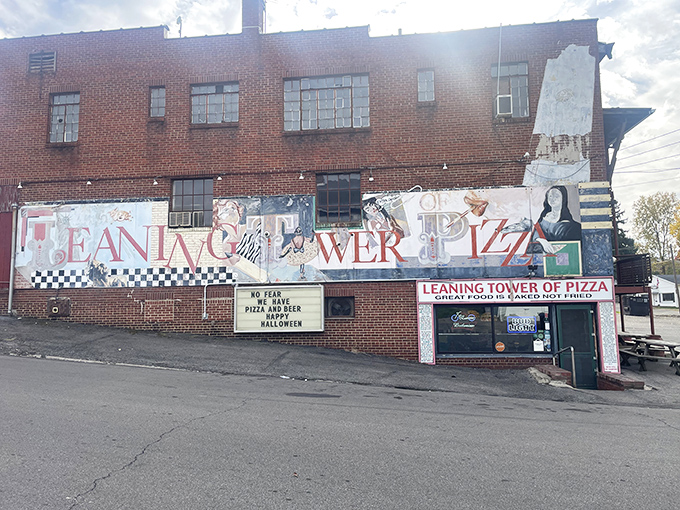 That colorful mural suggests this isn't just dinner - it's an experience wrapped in dough.