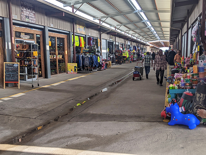 Shopping mall, country edition! This wide, covered walkway protects treasure hunters from the elements while they search for deals.