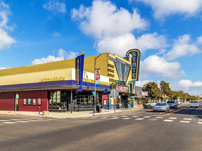 The historic State Theatre marquee illuminates Modesto's cultural heart, where small-city charm meets big-time entertainment in perfect harmony.
