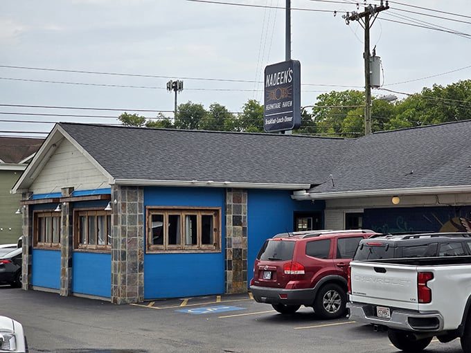 Stone accents and bright blue walls make this unassuming spot instantly recognizable. The parking lot's always full for good reason!