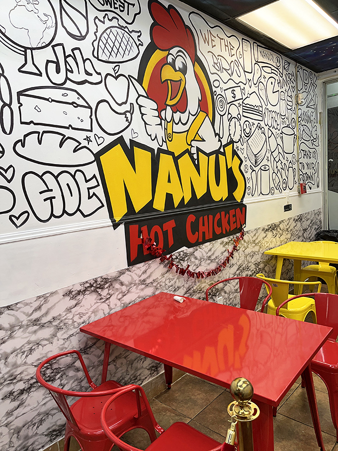 The playful interior at Nanu's belies the serious chicken business happening here. Those red and yellow chairs match the fire on your plate!