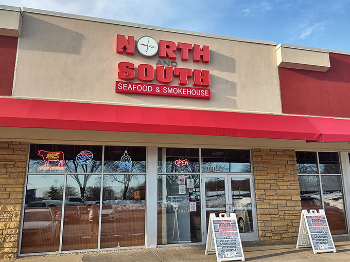 The "OPEN" sign glows like a beacon for Madison seafood lovers seeking their next great catch.