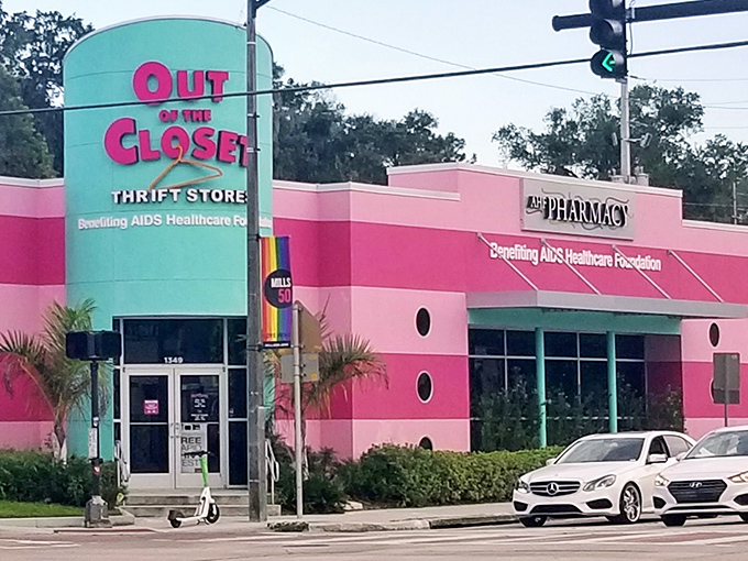 When your thrift store rocks colors this confident, the deals inside must be spectacular.