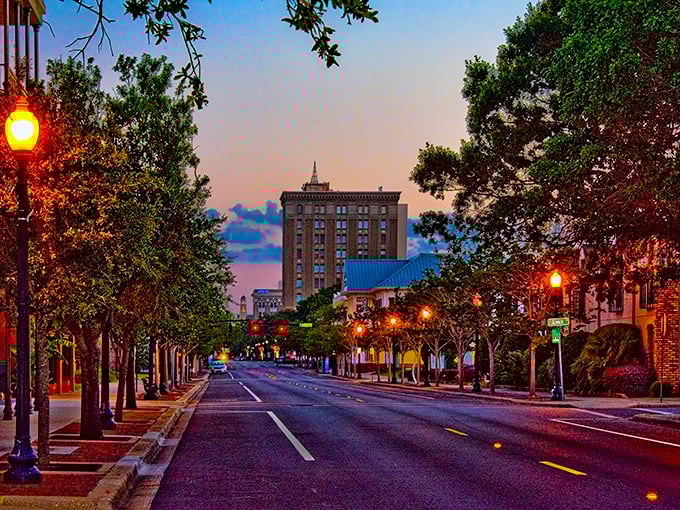 Pensacola's downtown skyline glows with possibility at sunset, history and modernity in perfect balance.