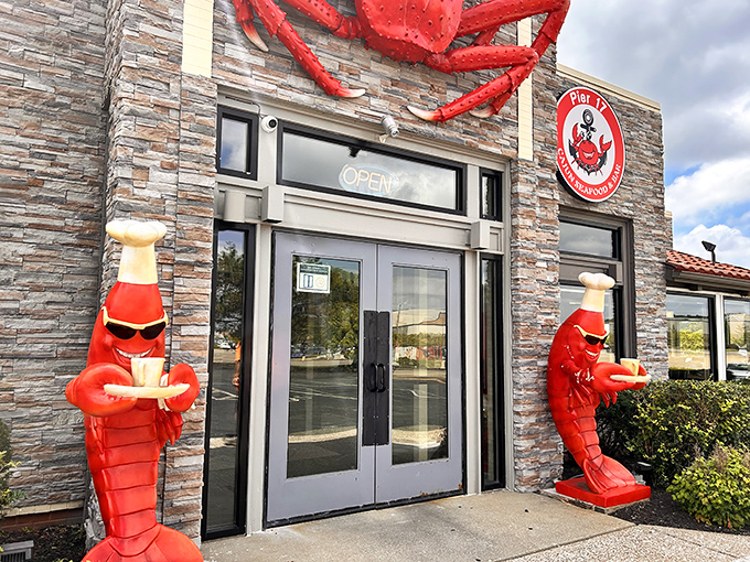 Those red crustacean guardians flanking the entrance are like delicious bouncers to seafood paradise.