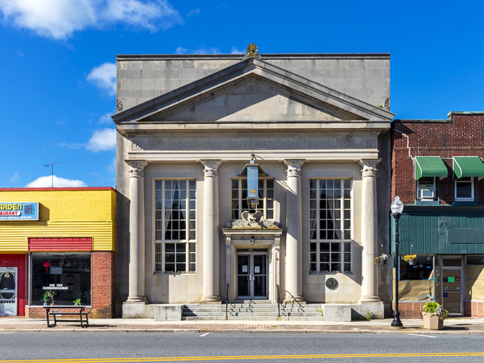 Historic downtown Pocomoke, where the old bank building has seen more decades than dollars lately.